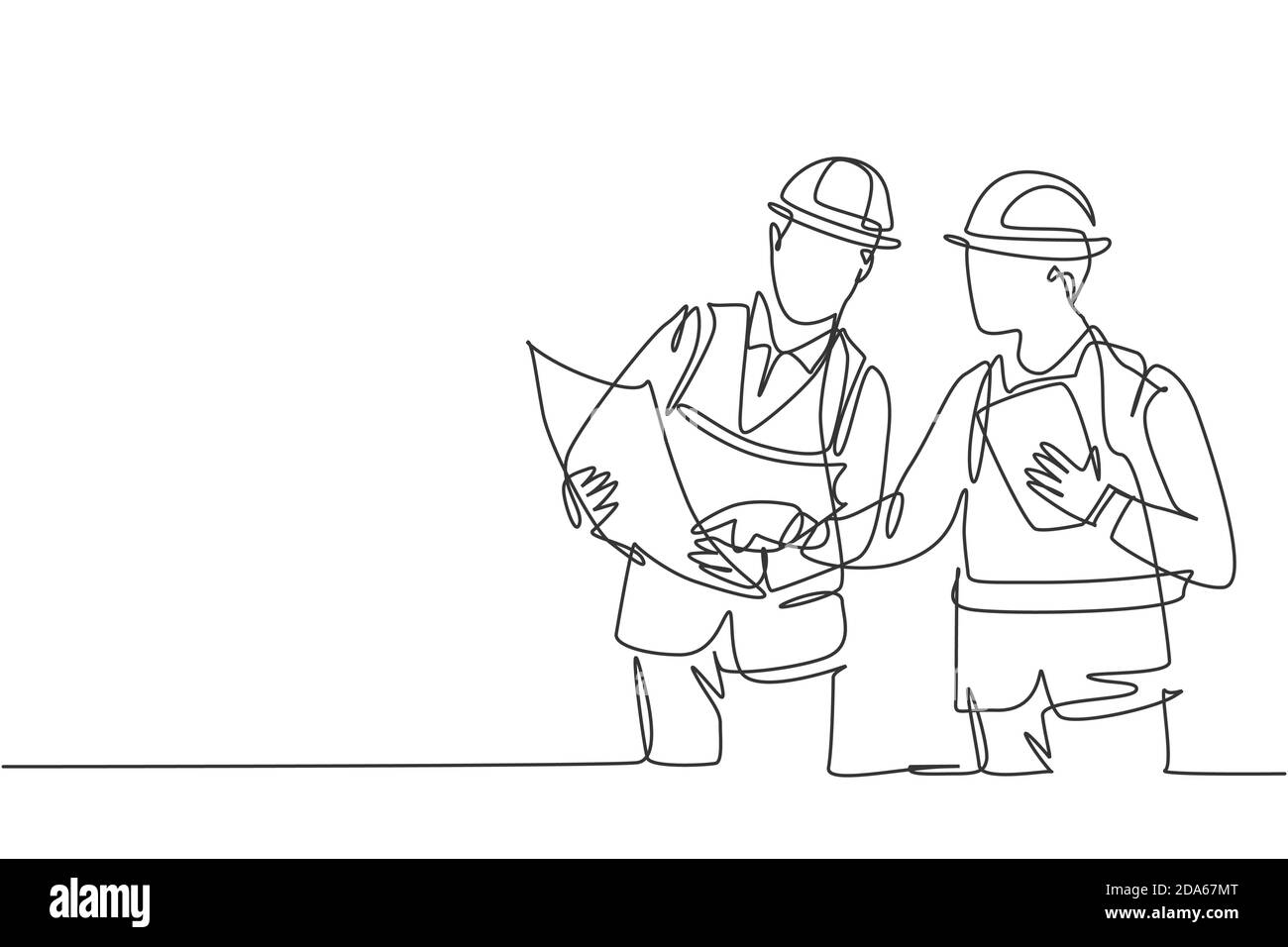 One single line drawing of young architect and engineer discussing ...