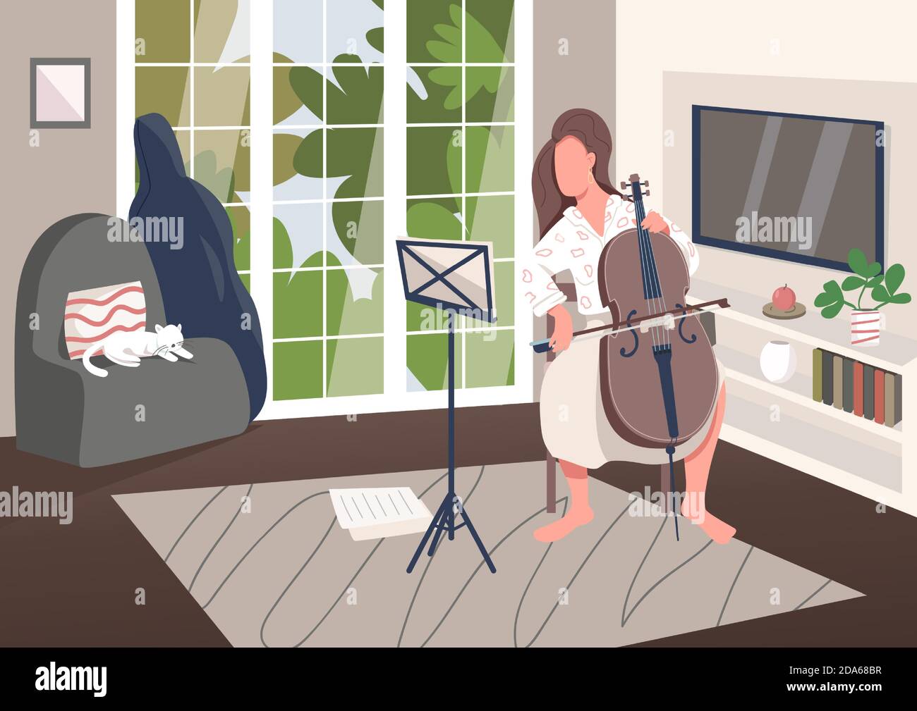 Cello player at home flat color vector illustration Stock Vector Image ...