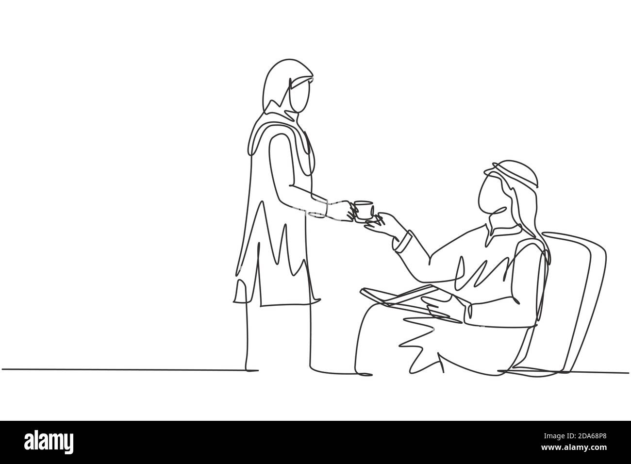 Single continuous line drawing of young wife muslimah giving a cup of ...