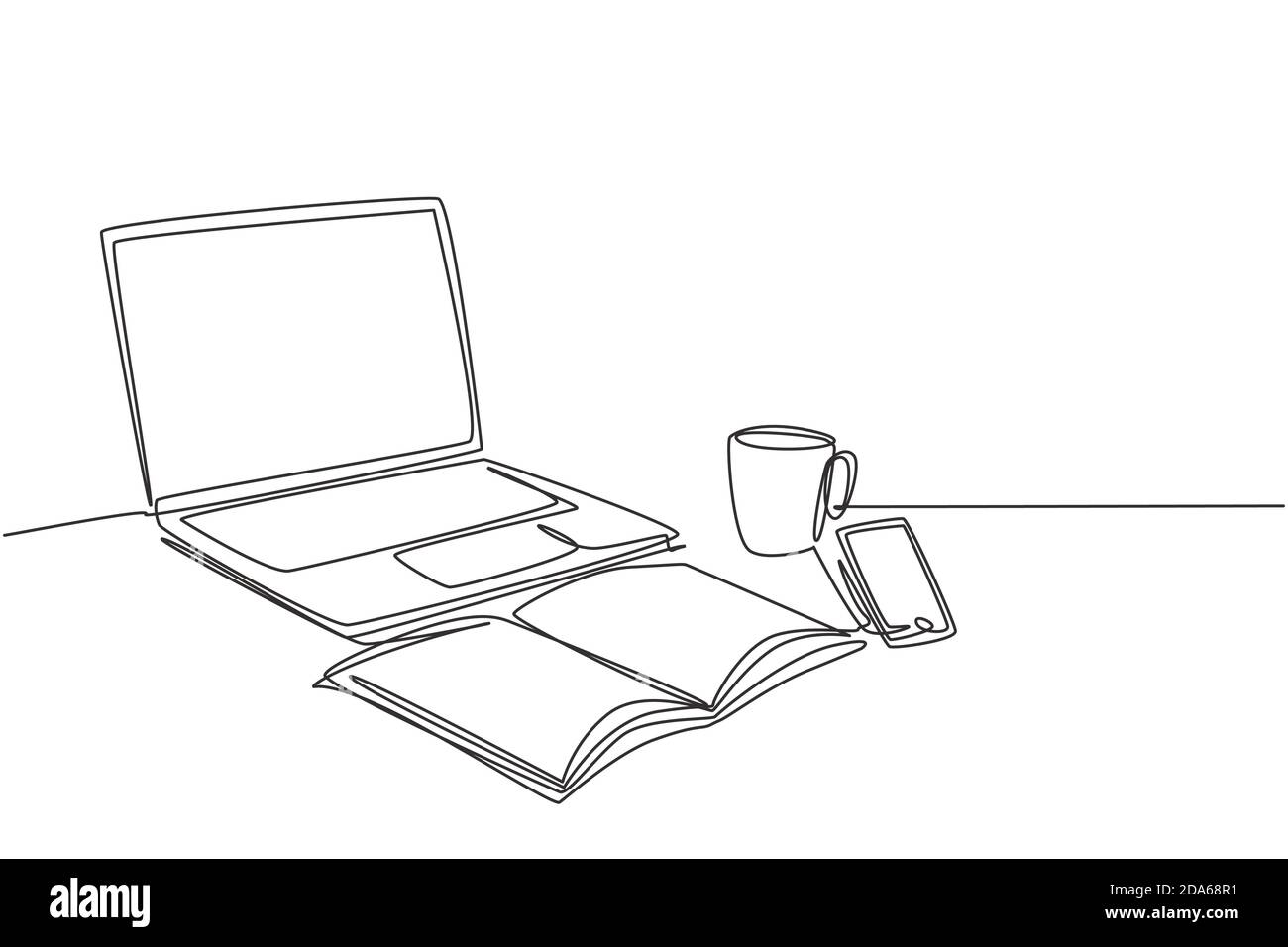 One single line drawing of computer laptop, smartphone and a cup of ...