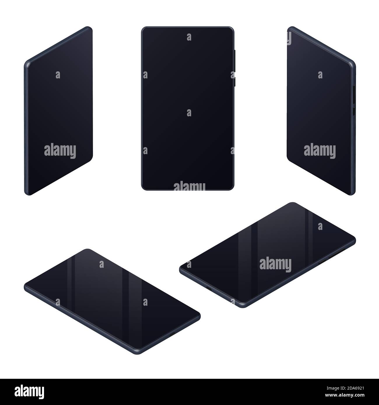 Set of isometric realistic mobile phones with black blank screen for ...
