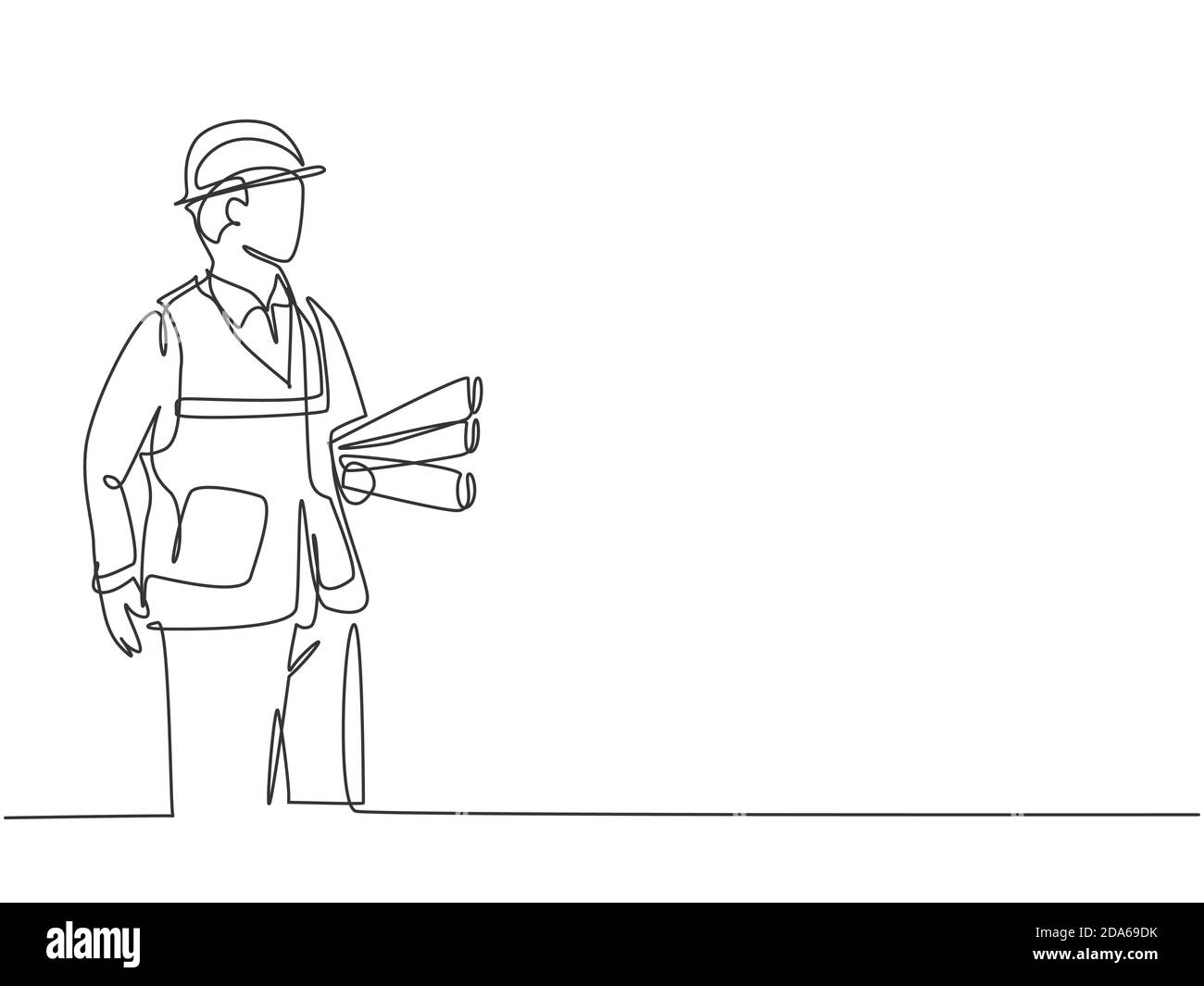 One continuous line drawing of young architect holding roll papers of ...