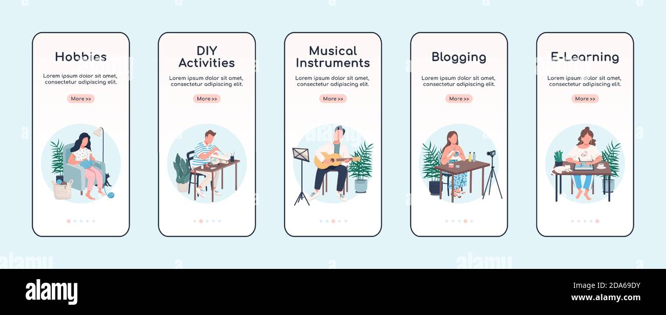 Learn creative hobby onboarding mobile app screen flat vector template ...