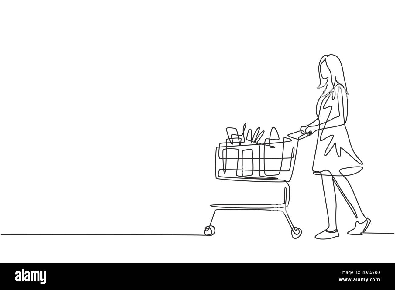 One continuous line drawing young happy female pushing trolley with ...