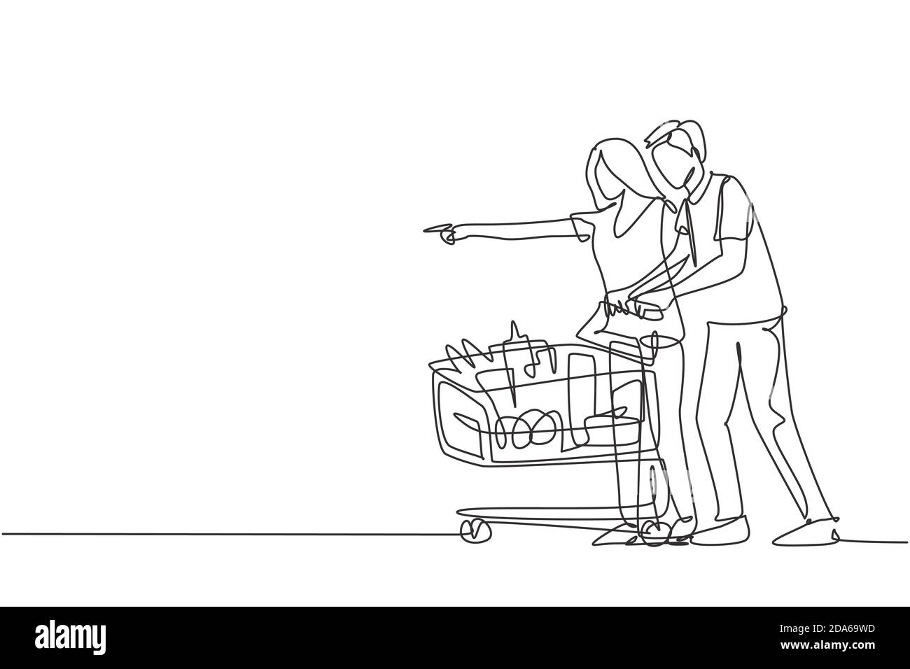 Single continuous line drawing happy young couple pushing trolley when ...