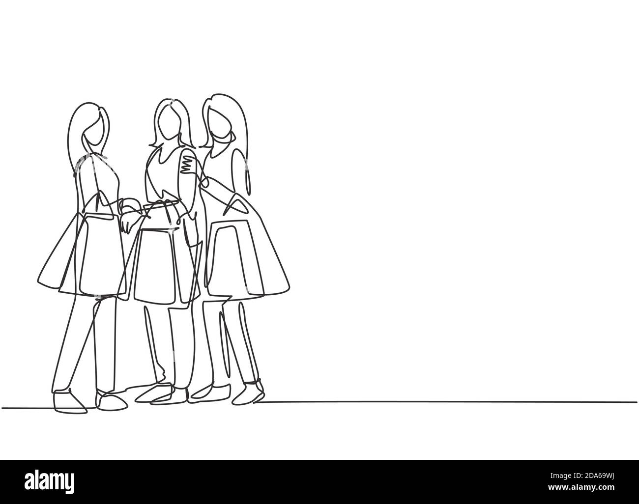 One single line drawing young group of happy women holding paper bags ...