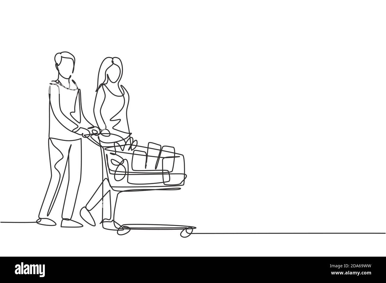 One continuous line drawing young happy romantic couple pushing trolley ...