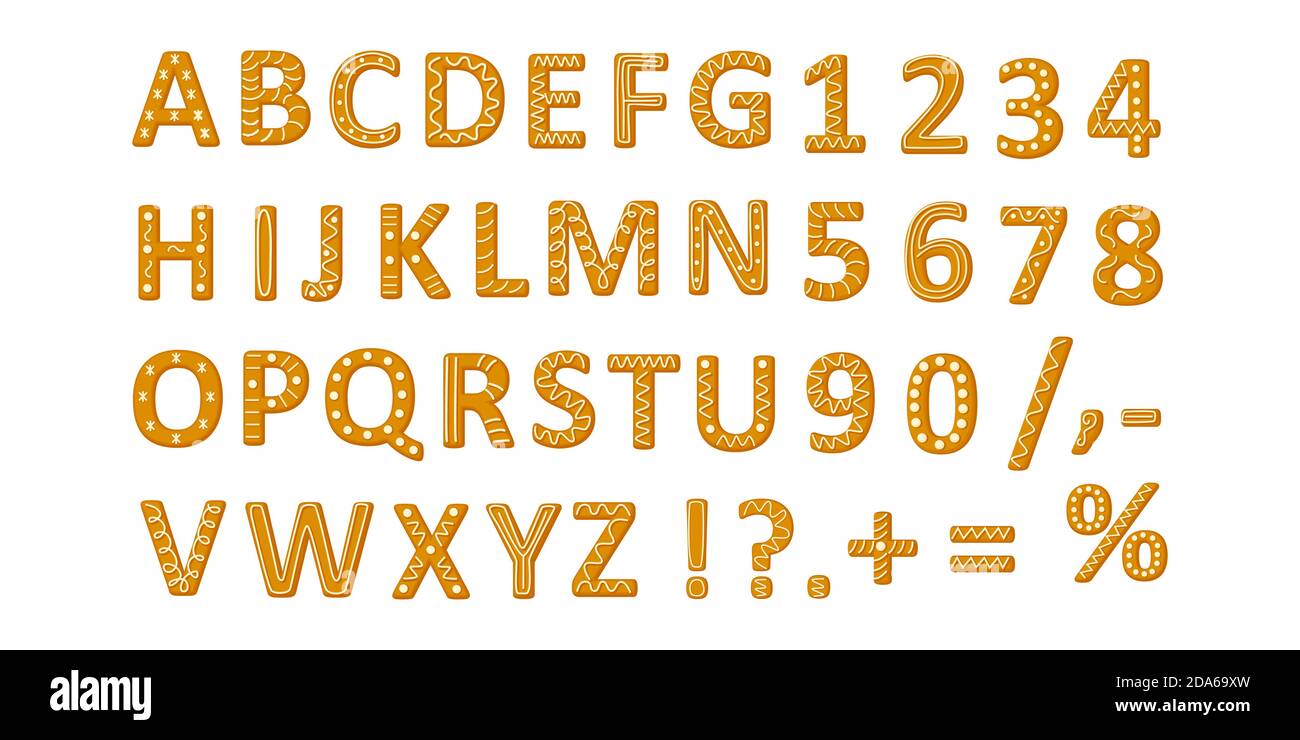 Gingerbread cookies alphabet and numbers vector illustration in a flat ...