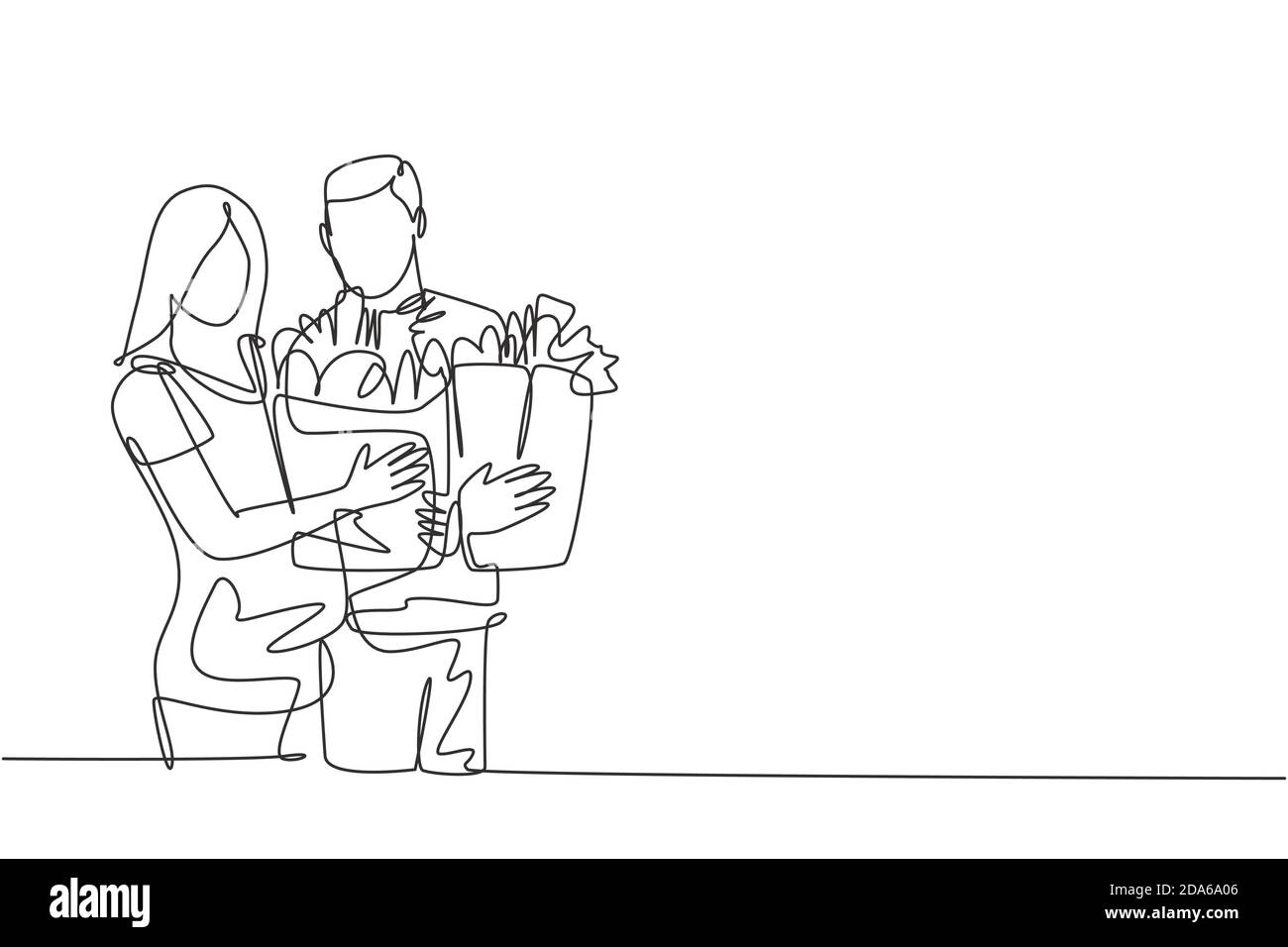 One single line drawing young happy romantic couple holding paper ...