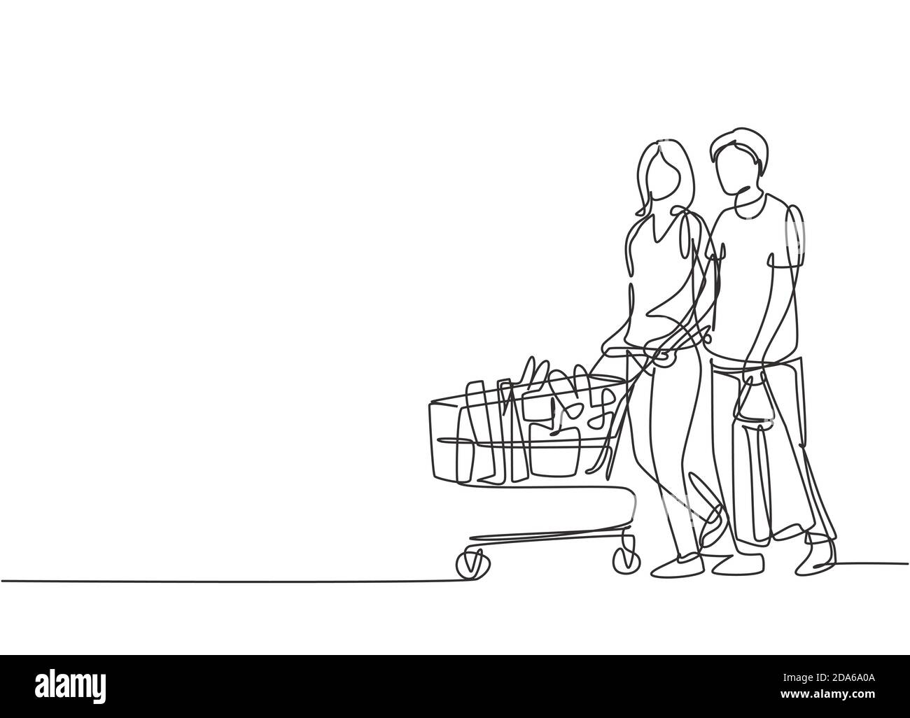 Single continuous line drawing young happy romantic couple pushing ...