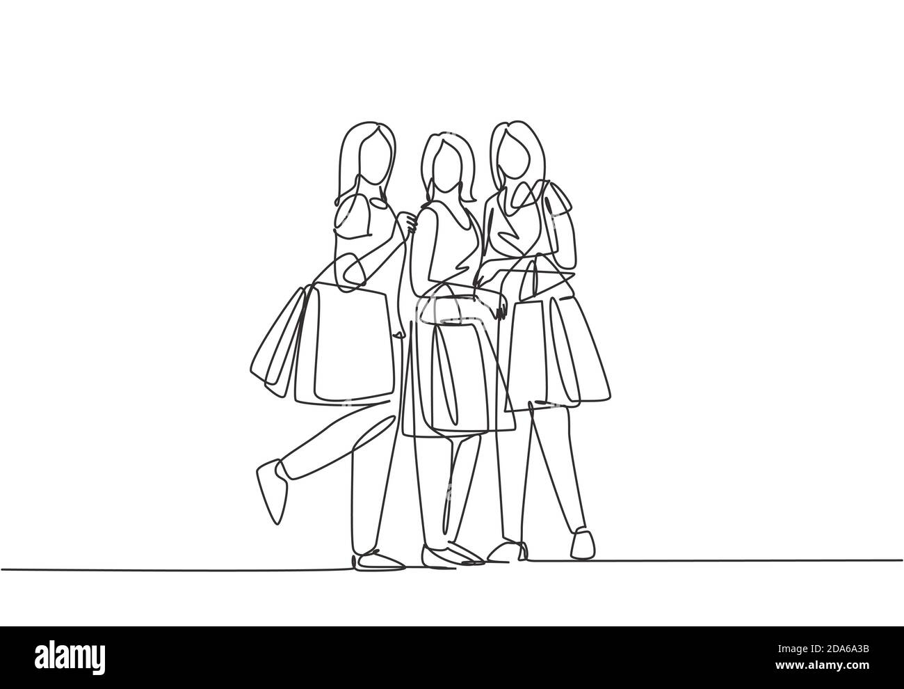 Single continuous line drawing group of beauty women holding paper bags ...