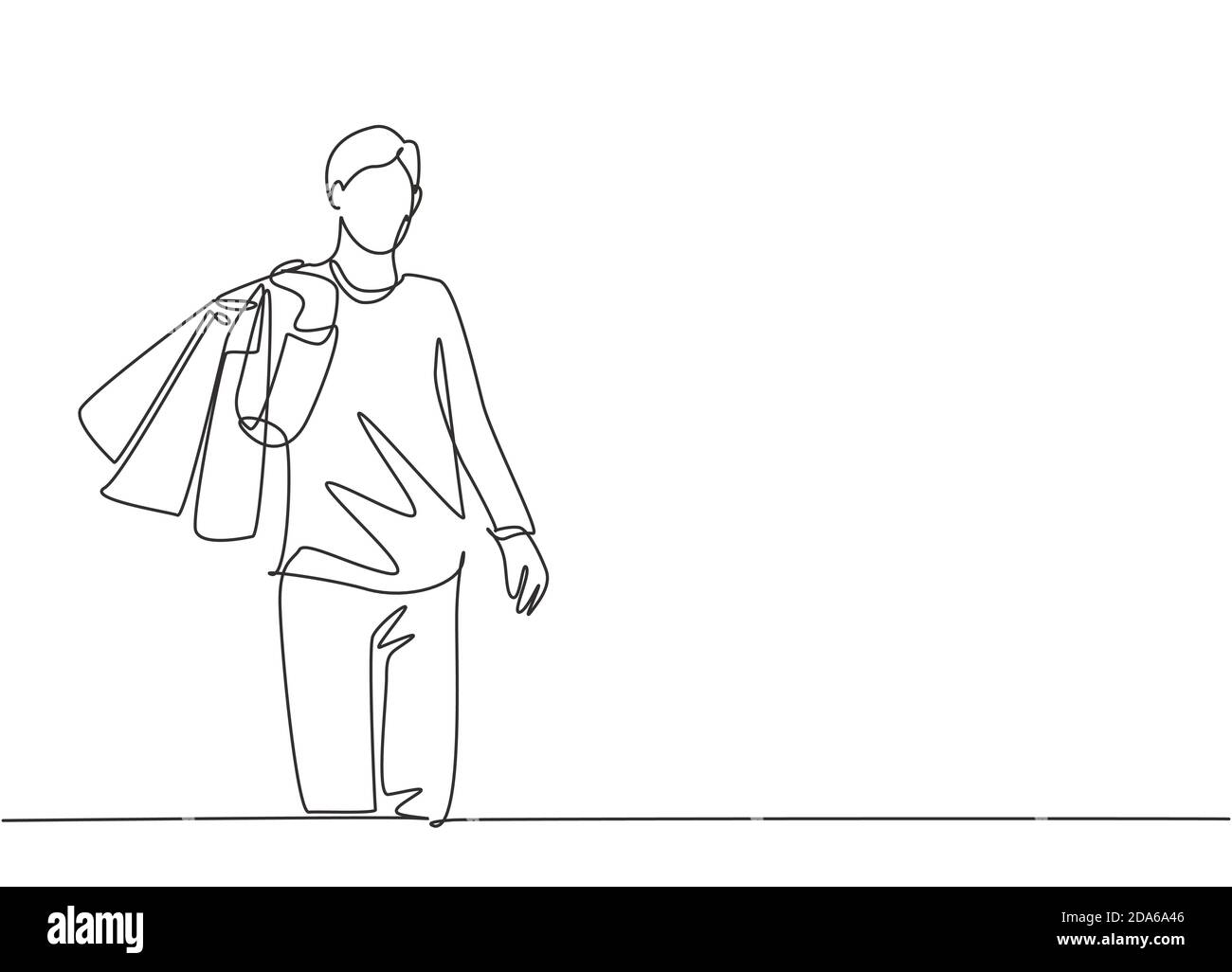 One single line drawing young happy attractive man holding paper bags ...