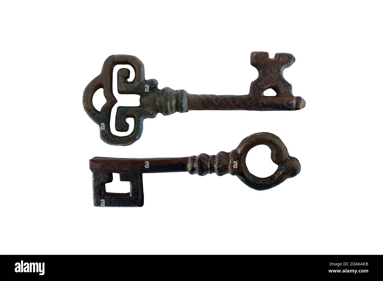 Top view and close-up of two big old iron keys isolated on white ...