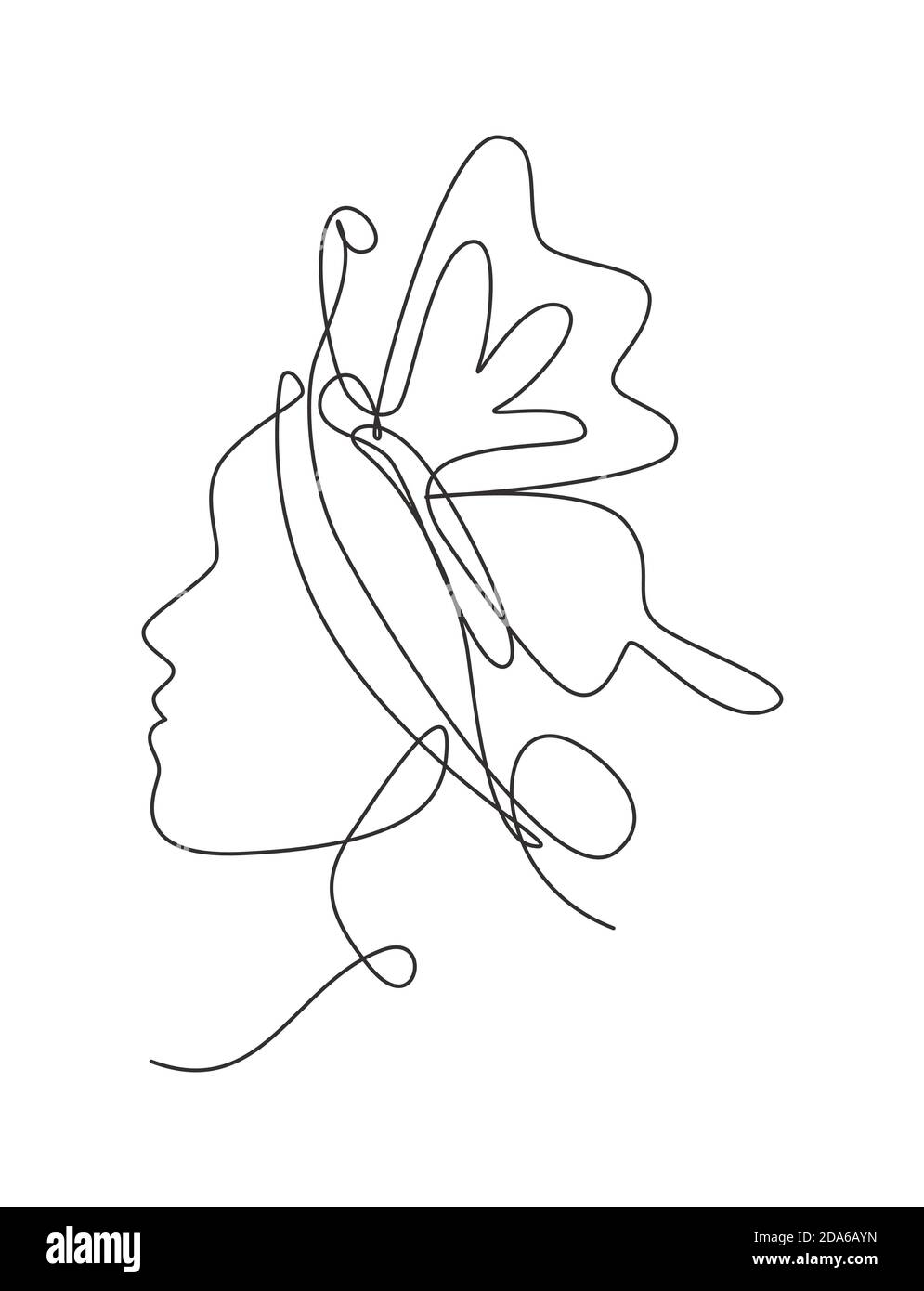 Single continuous line drawing beauty woman with butterfly artwork ...