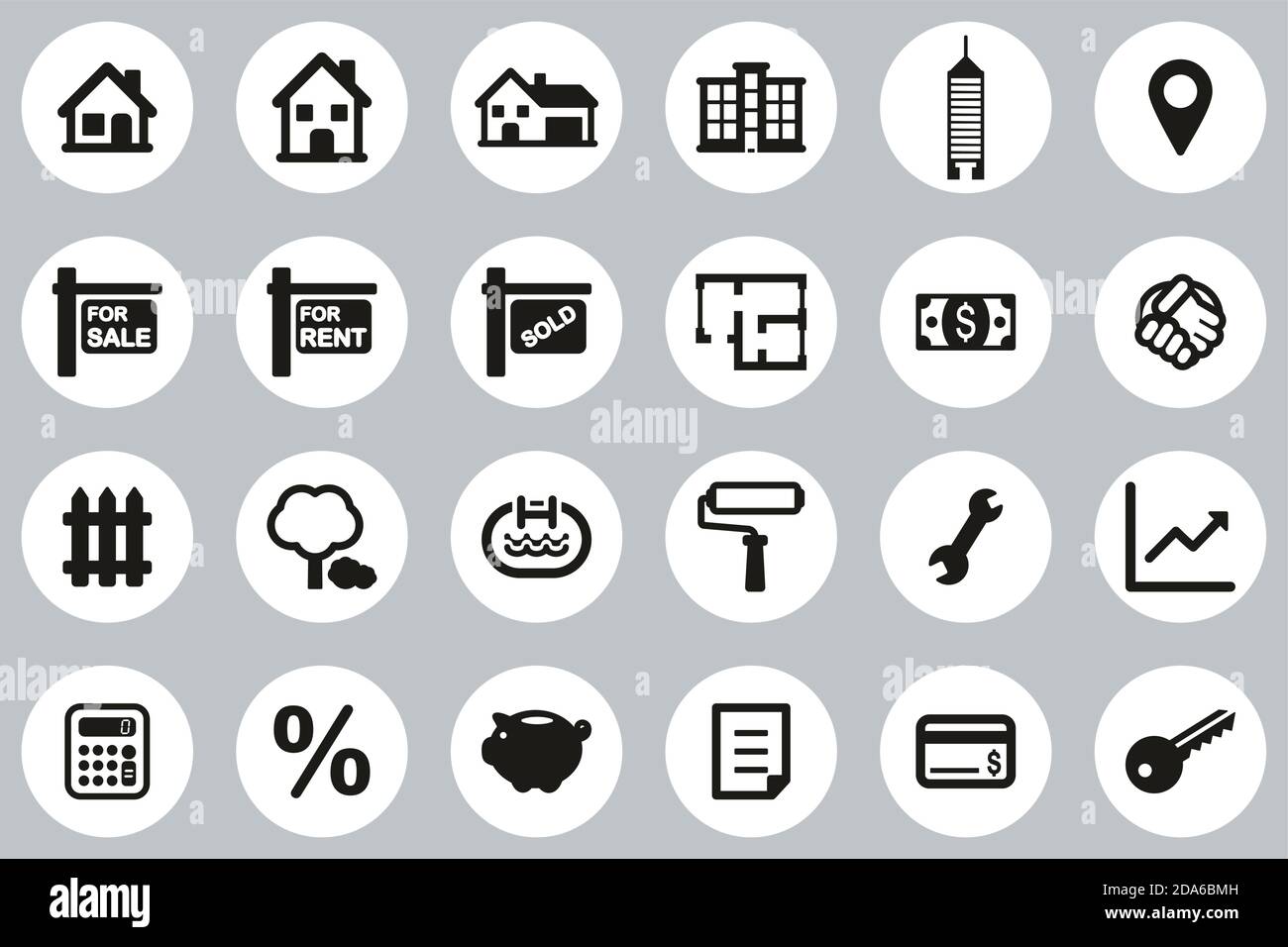 Real Estate Market Icons Black & White Flat Design Circle Set Big Stock ...