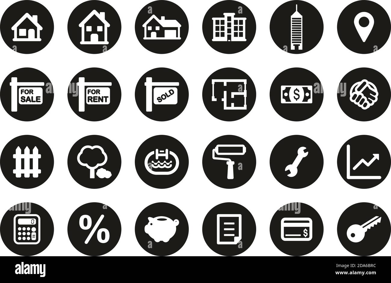 Real Estate Market Icons White On Black Flat Design Circle Set Big ...