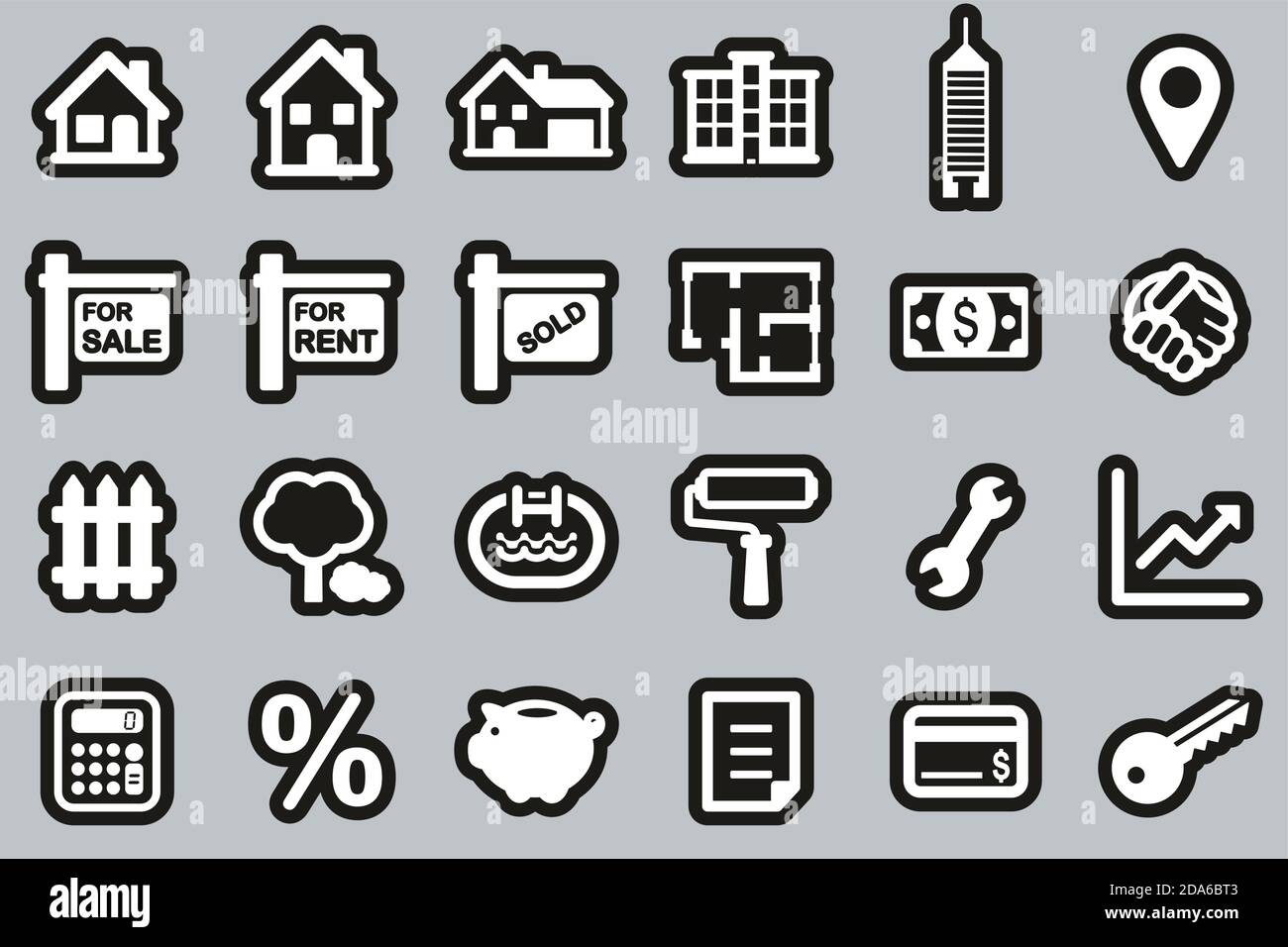 Real Estate Market Icons White On Black Sticker Set Big Stock Vector ...
