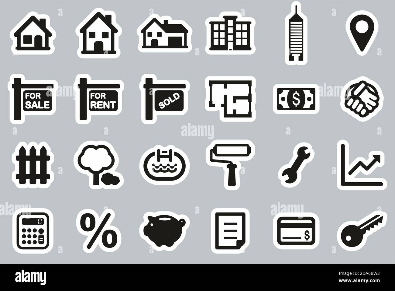 Real Estate Market Icons Black & White Sticker Set Big Stock Vector ...