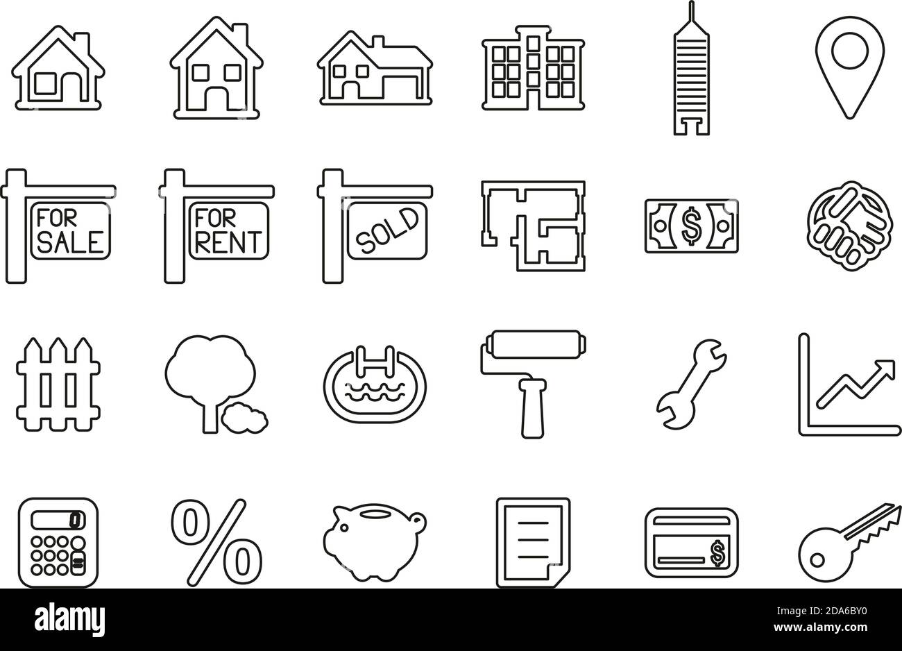 Real Estate Market Icons Black & White Thin Line Set Big Stock Vector ...