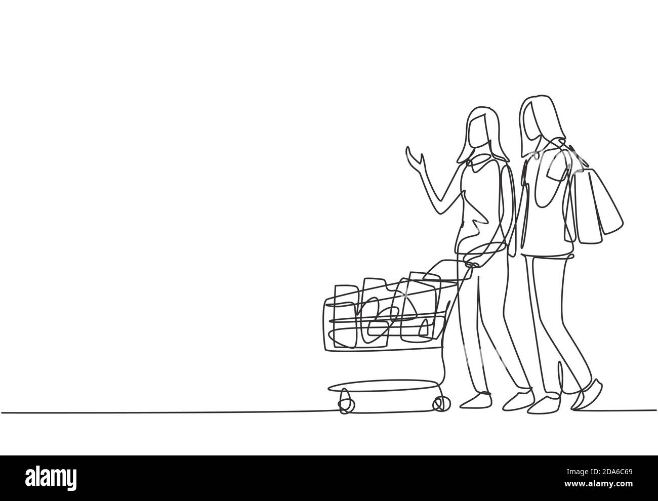One continuous line drawing two happy friend women pushing trolley and ...