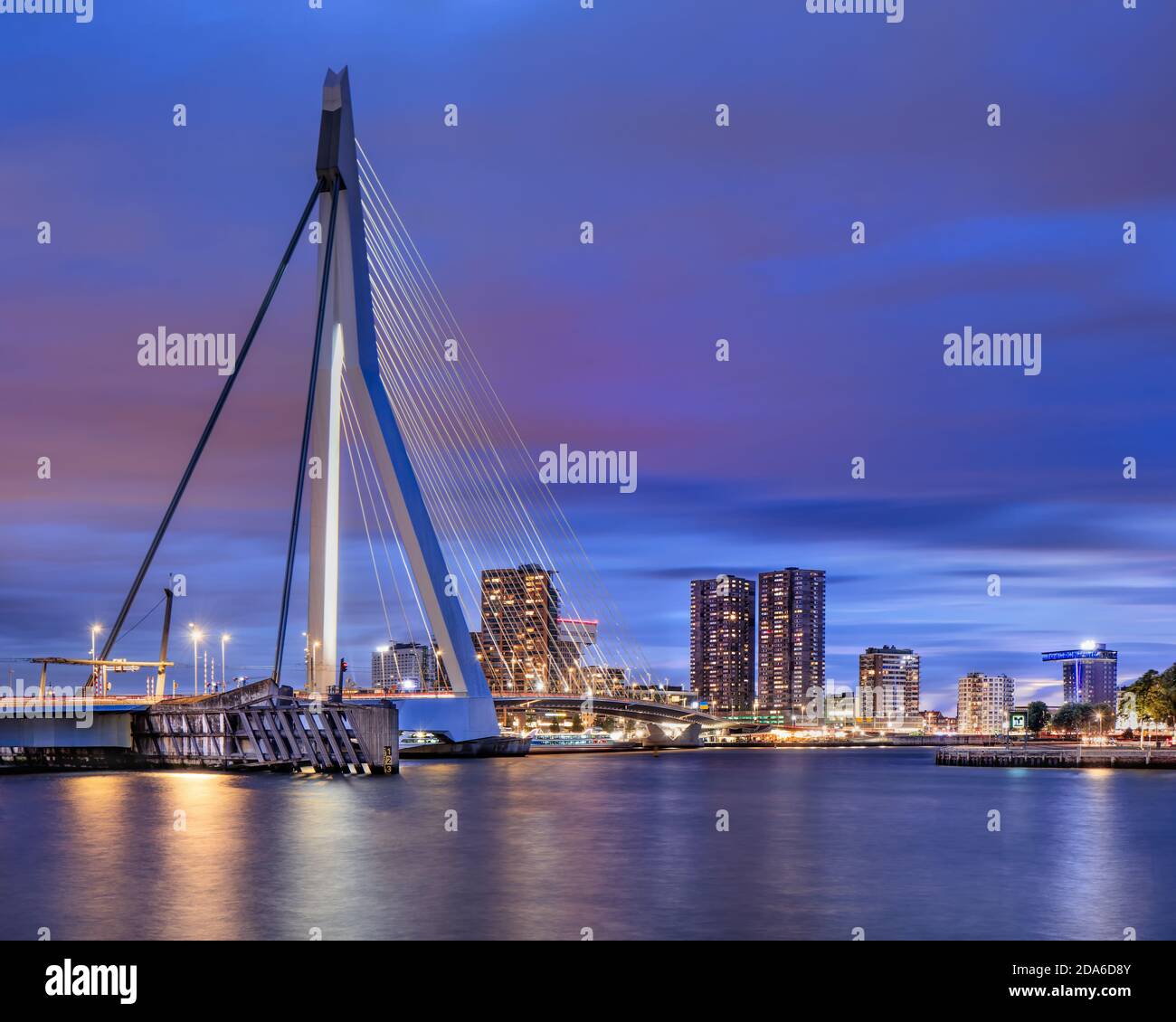 The Erasmus Bridge at sunset. The 284m long bridge was designed by Ben ...