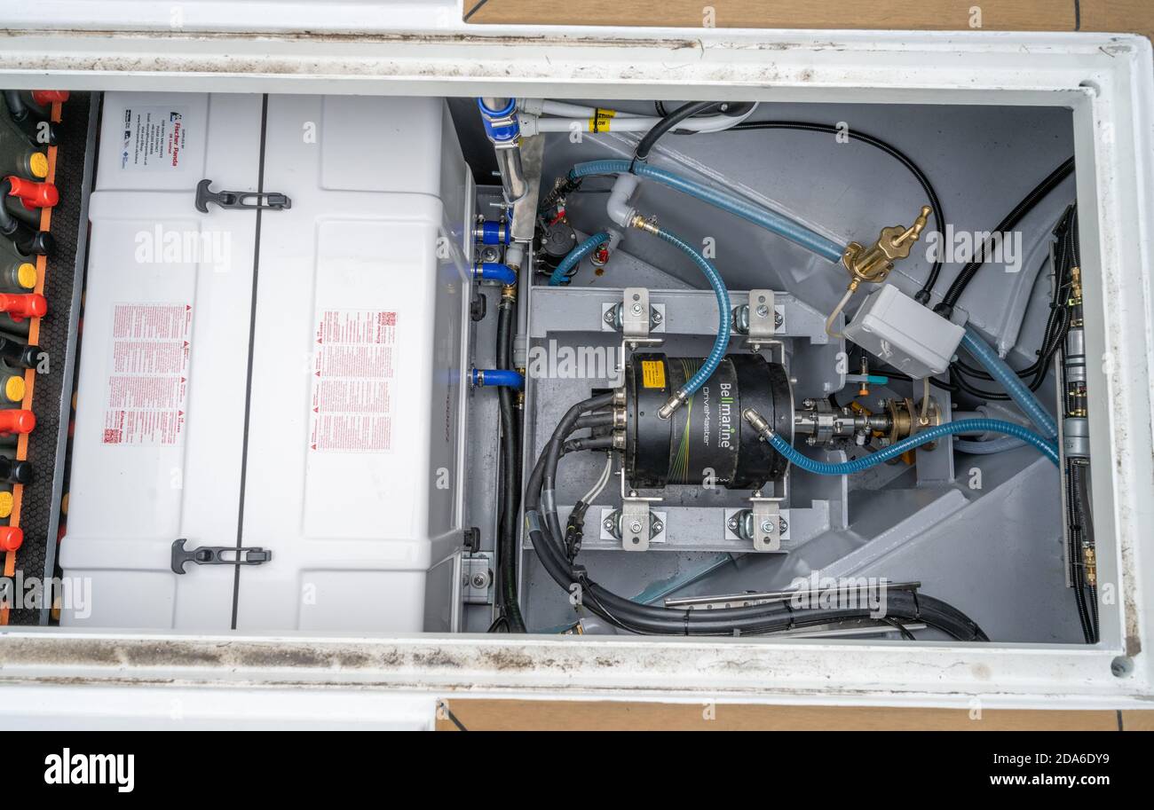 Engine bay with electric motor on a narrowboat hi-res stock photography ...