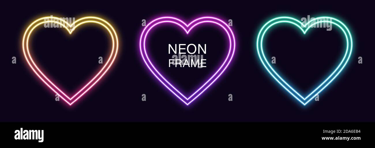 Gradient neon heart Frame. Vector set of romantic neon Border with ...