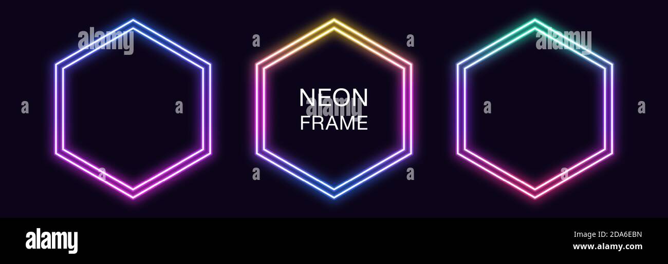 Gradient neon hexagon Frame. Vector set of hexagonal neon Border with ...