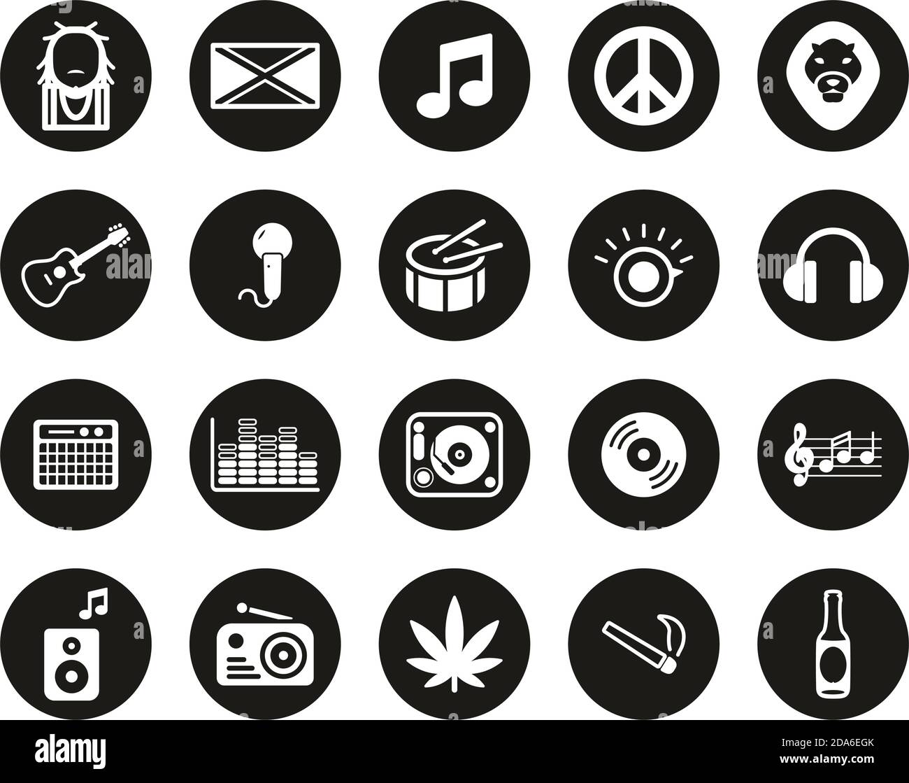 Reggae Music & Culture Icons White On Black Flat Design Circle Set Big ...