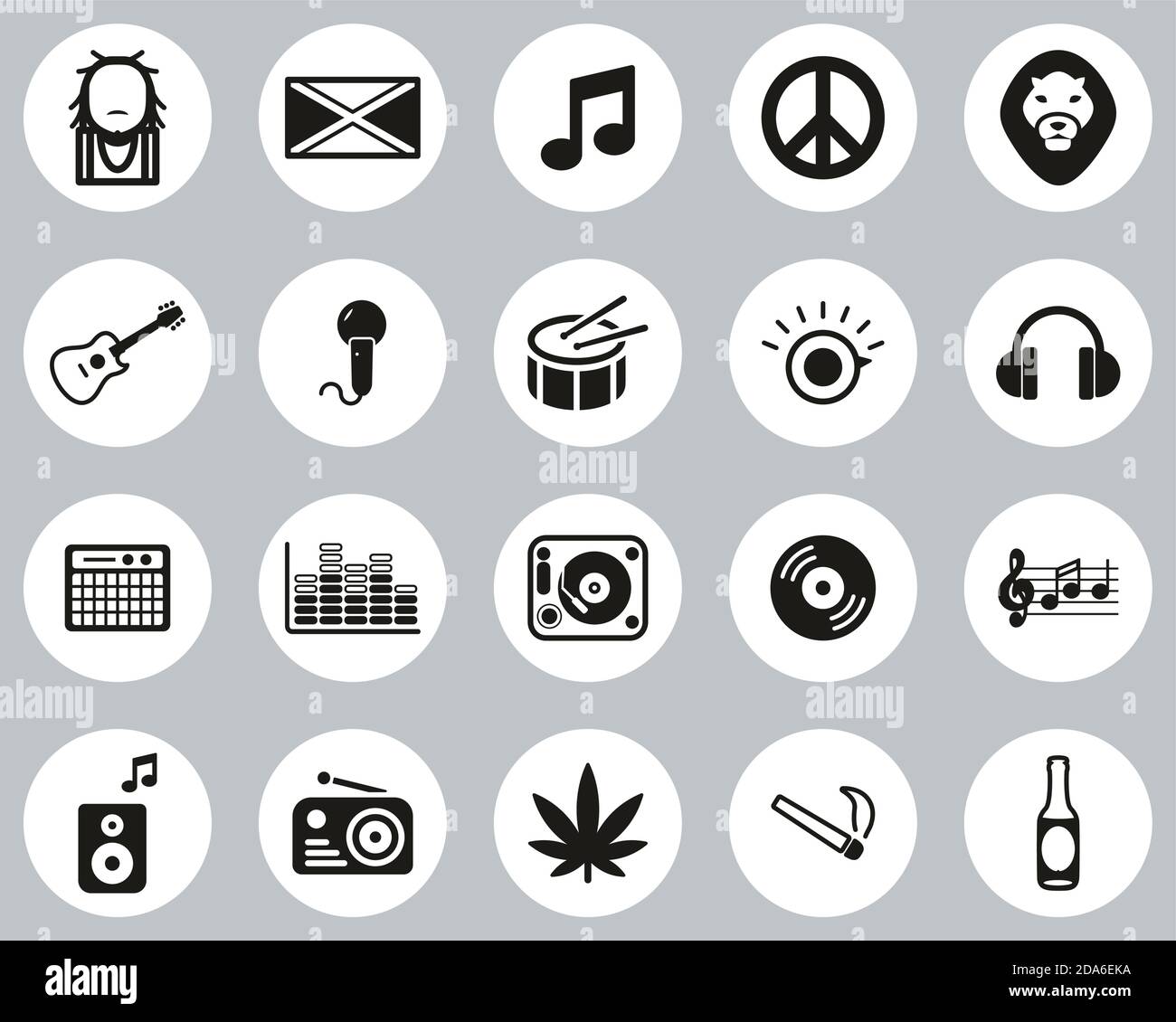 Reggae Music & Culture Icons Black & White Flat Design Circle Set Big ...