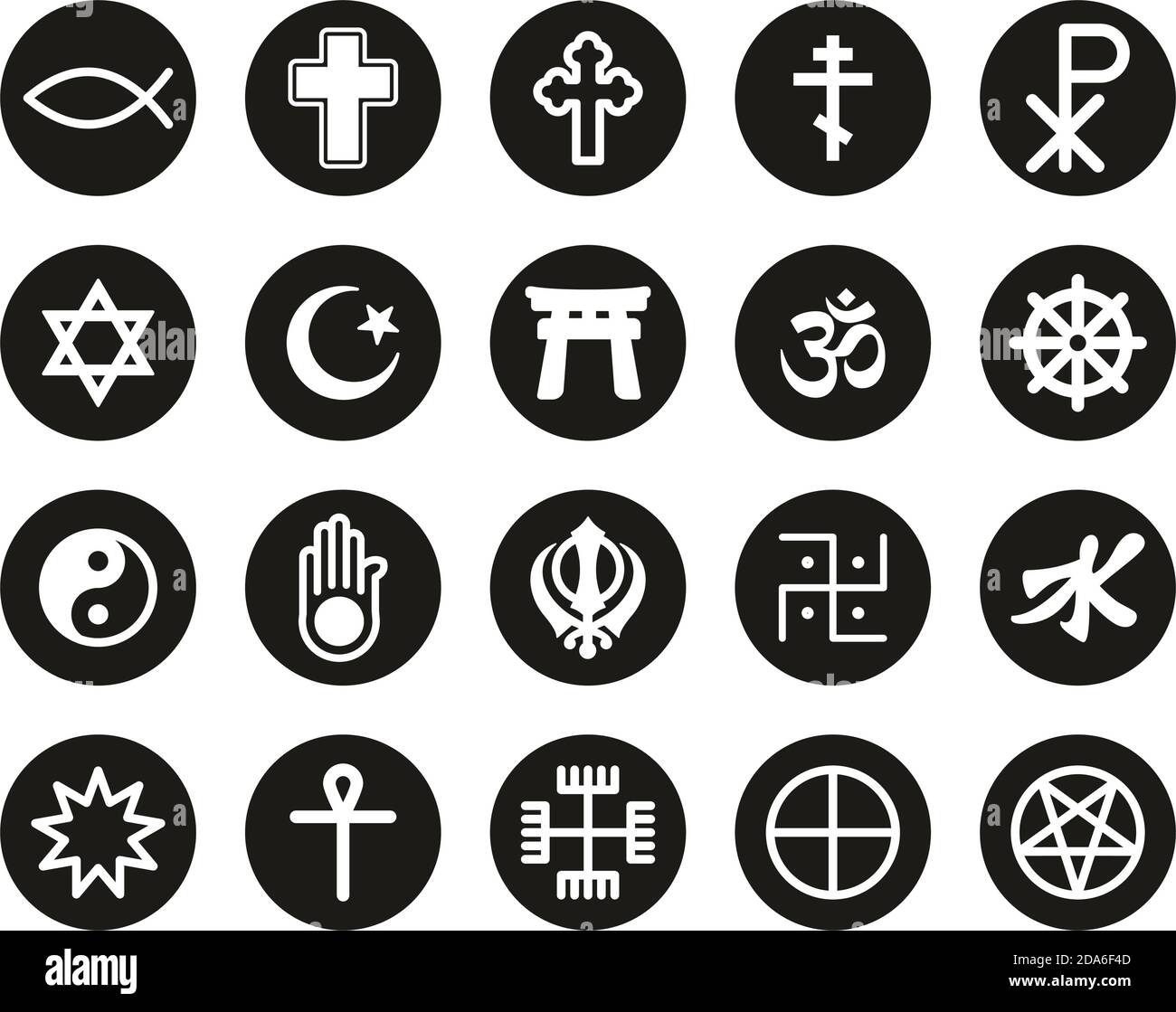Religion Symbols Icons White On Black Flat Design Circle Set Big Stock ...