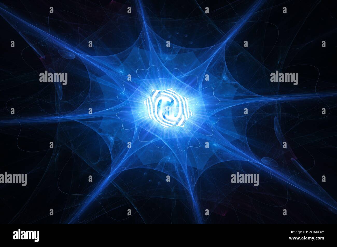 Blue glowing shiny quantum computer with flowing processes in core ...