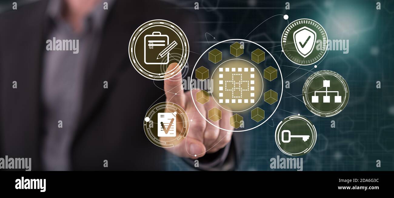 Man touching a smart contract concept on a touch screen with his finger ...