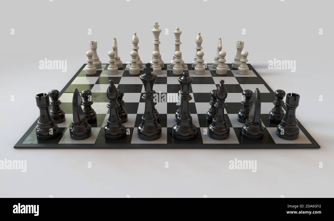 A regular chess set setup to begin on a checkered board and isolated ...