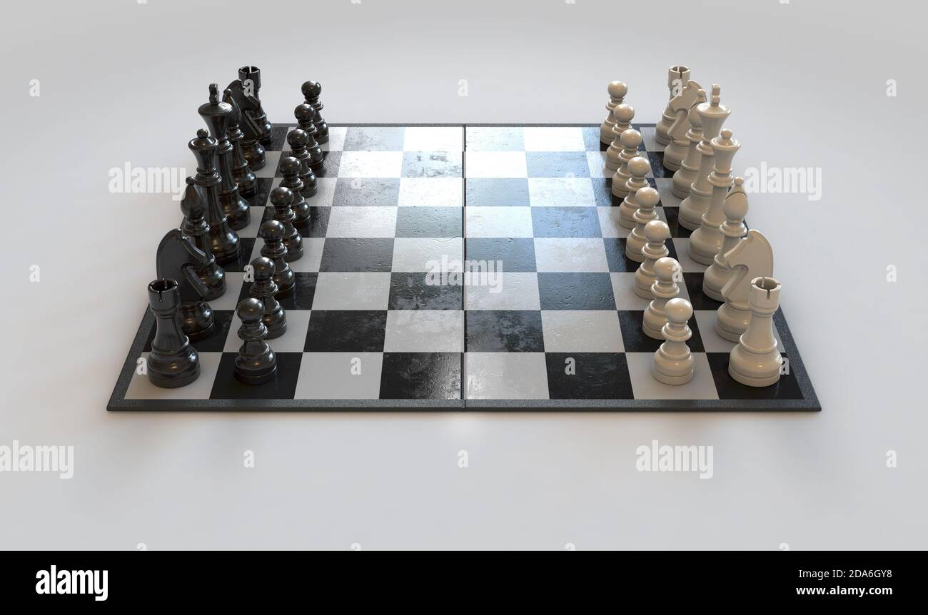 A regular chess set setup to begin on a checkered board and isolated ...