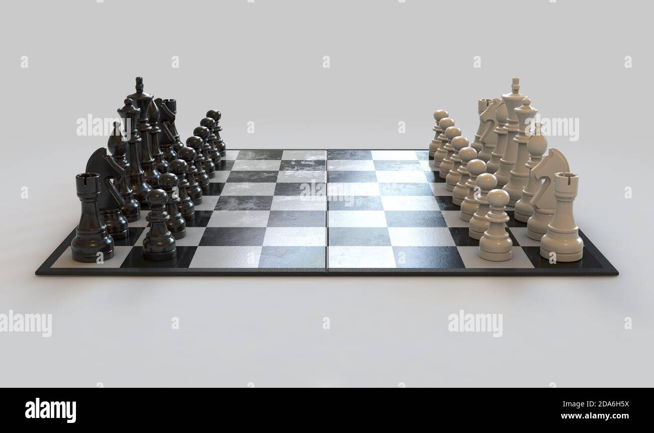 A regular chess set setup to begin on a checkered board and isolated ...