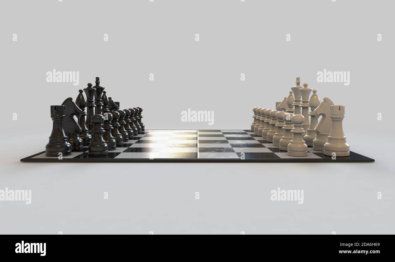 A regular chess set setup to begin on a checkered board and isolated ...