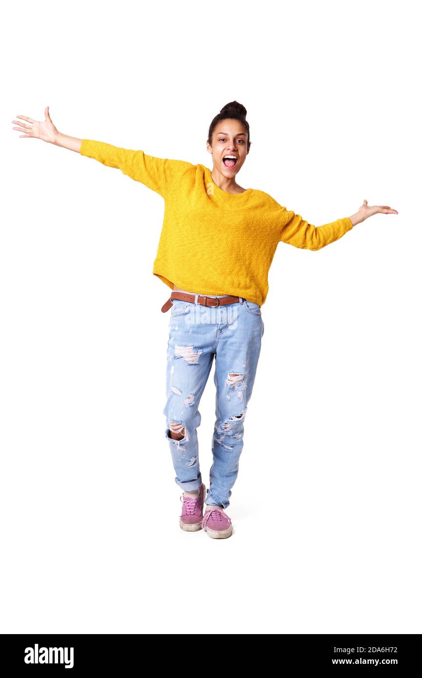 Full body portrait of excited young african woman standing with hers ...