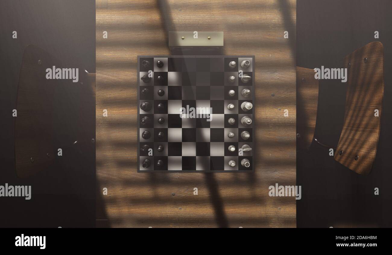 A regular chess set with a timing clock setup on a table with opposing ...