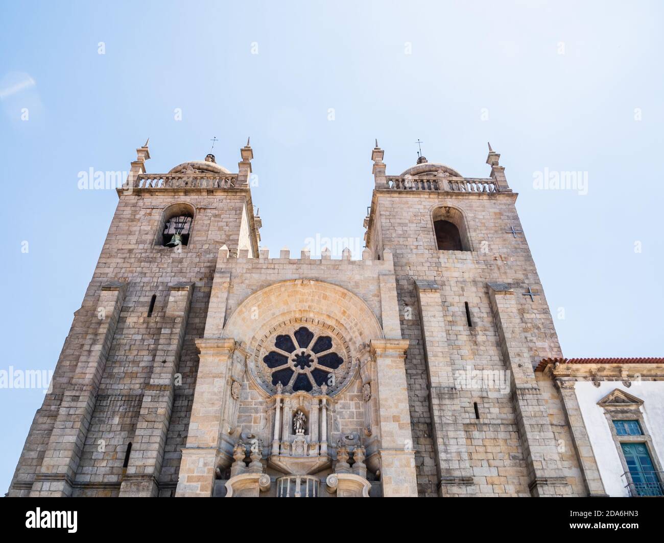 Low angle shot of the famous Porto cathedral facade in Portugal Stock ...