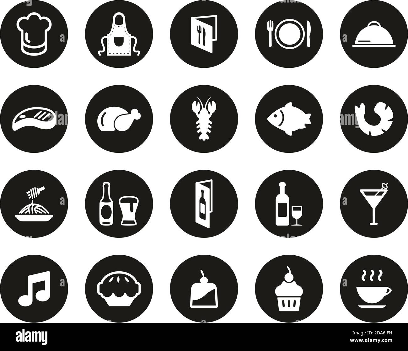 Restaurant Or Dinner Icons White On Black Flat Design Circle Set Big ...