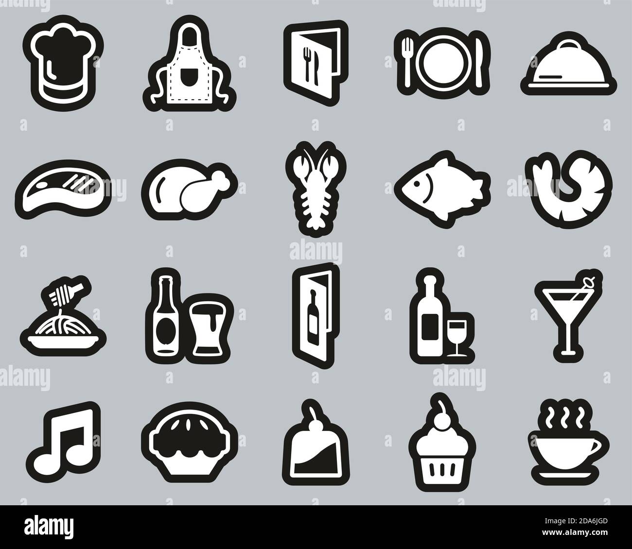 Restaurant Or Dinner Icons White On Black Sticker Set Big Stock Vector ...