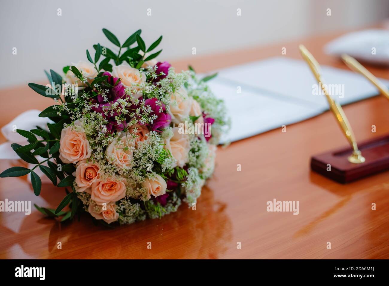 Wedding Bouquets on Table Ready for Ceremony Stock Photo - Alamy