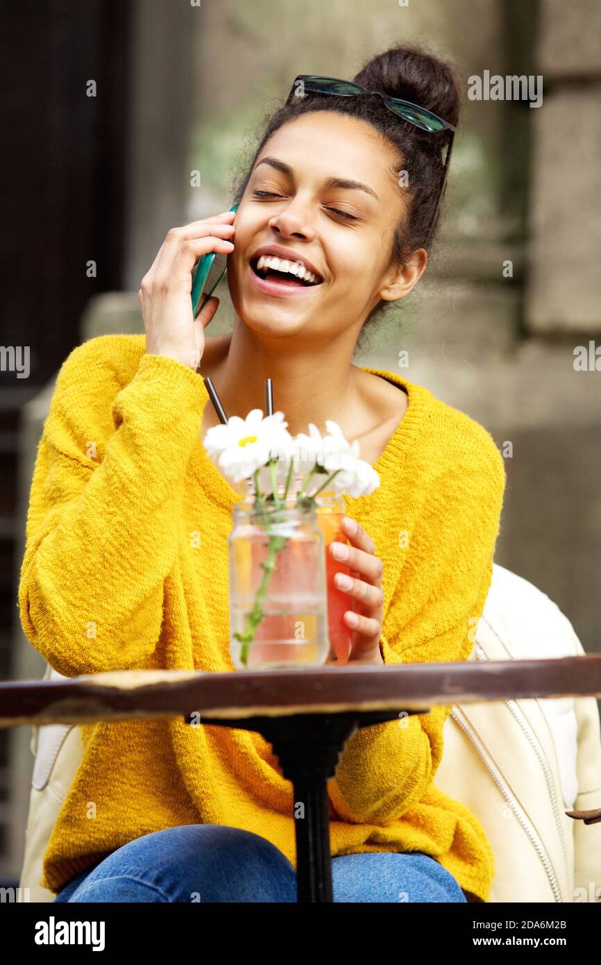 Happy friendly lady using mobile hi-res stock photography and images ...