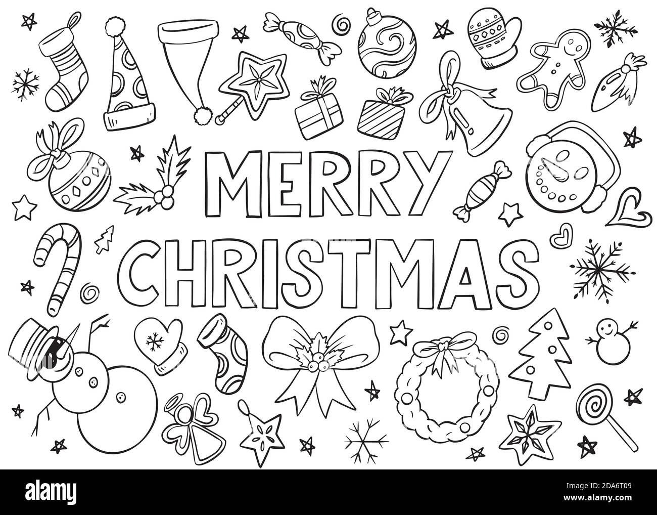 Christmas ornaments doodle collection. Black and white doodle style ...