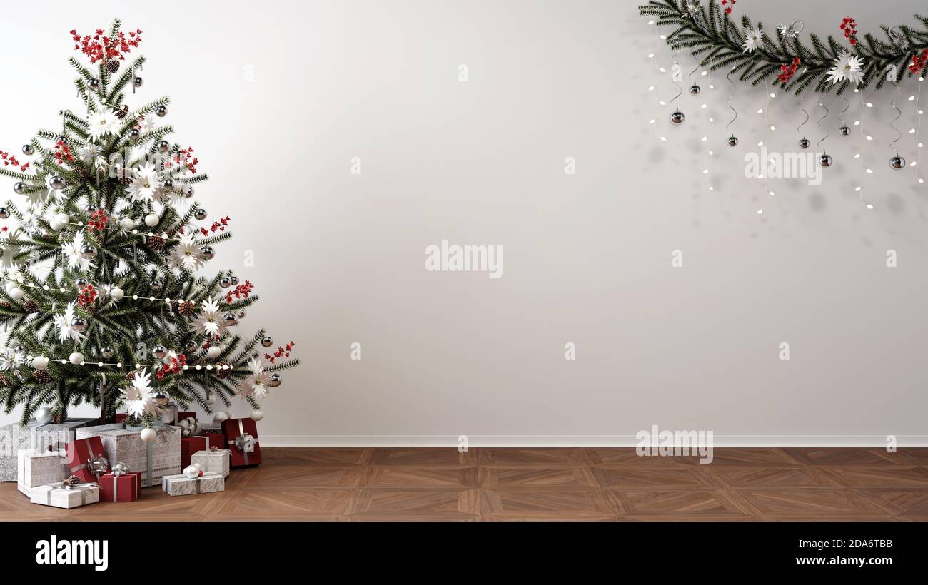 christmas tree, presents and decoration in empty living room, white ...