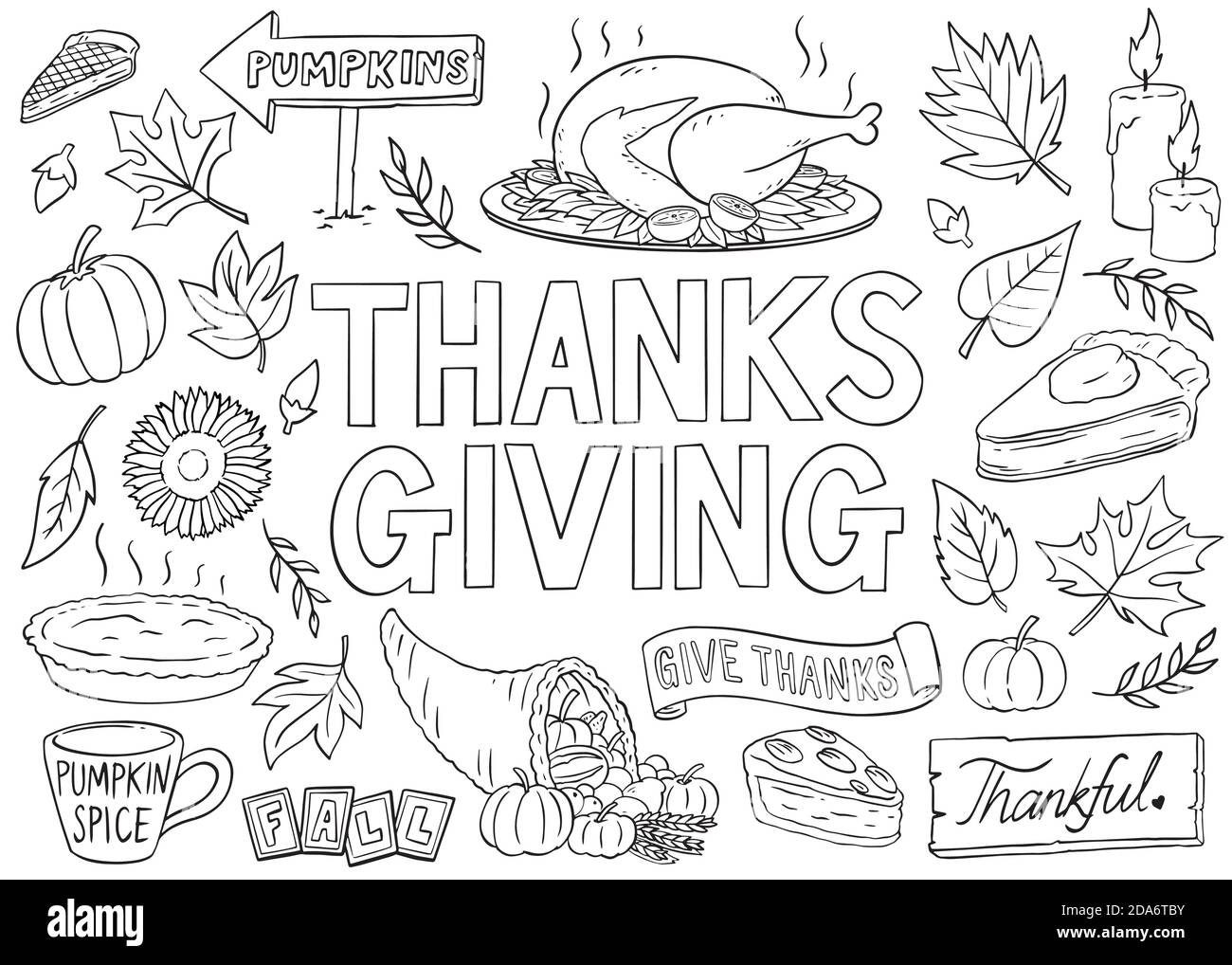 Thanksgiving ornaments doodle collection. Black and white doodle style ...