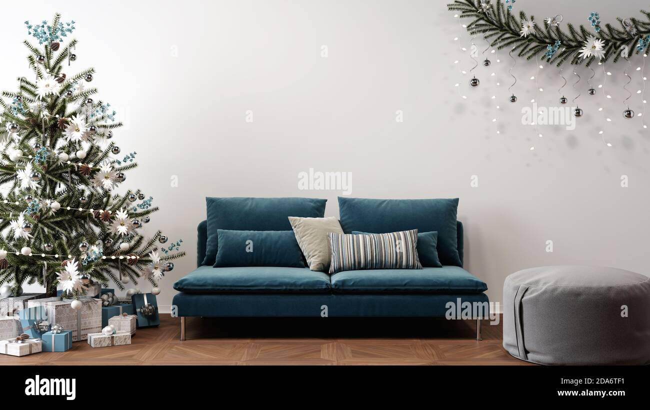 christmas tree next to sofa, christmas decorated living room concept ...