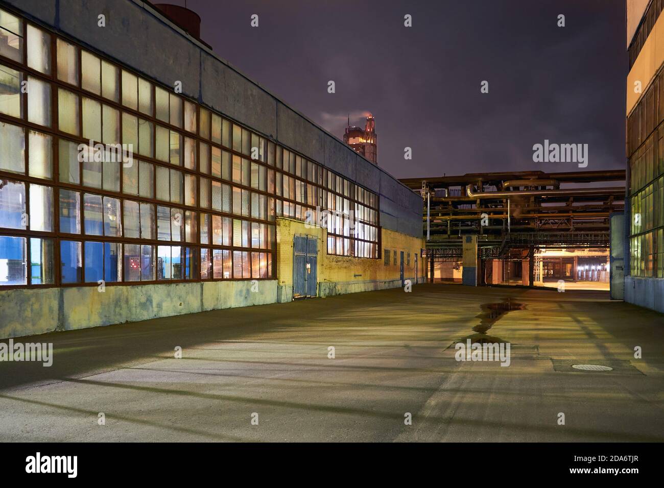 Night panorama of chemical plant building with dark blue sky ...