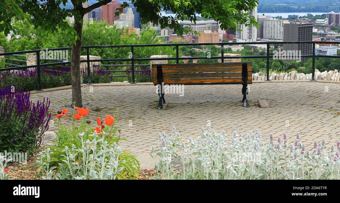 The Hamilton, Ontario skyline with park bench in foreground Stock Photo ...